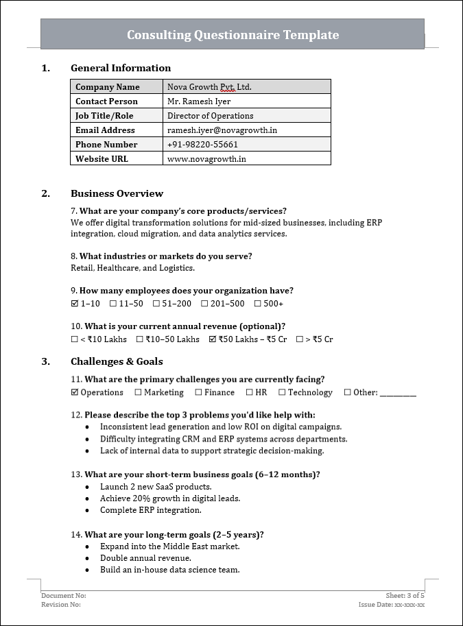 Consulting Questionnaire Template Free Download – Consultant Docs
